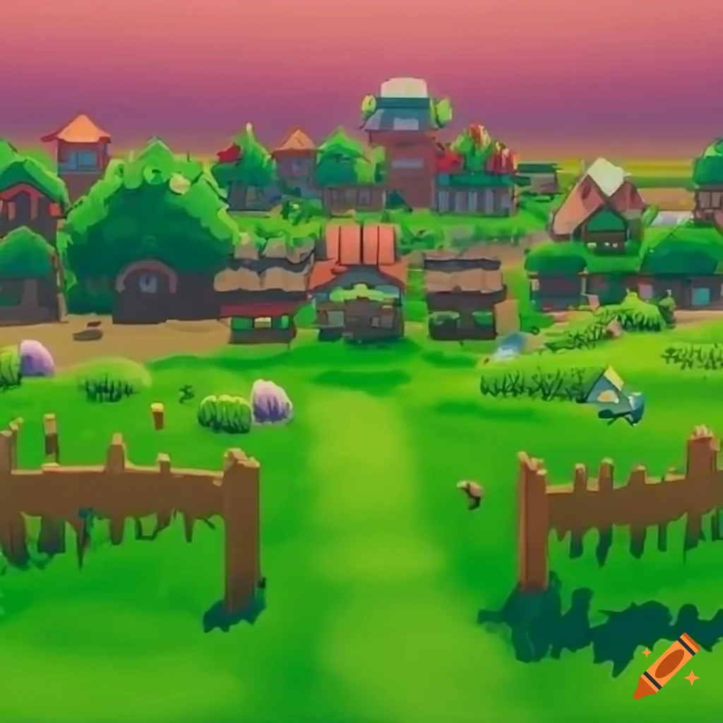 Grass field with pokemon village, dirt path, and pokemart on Craiyon
