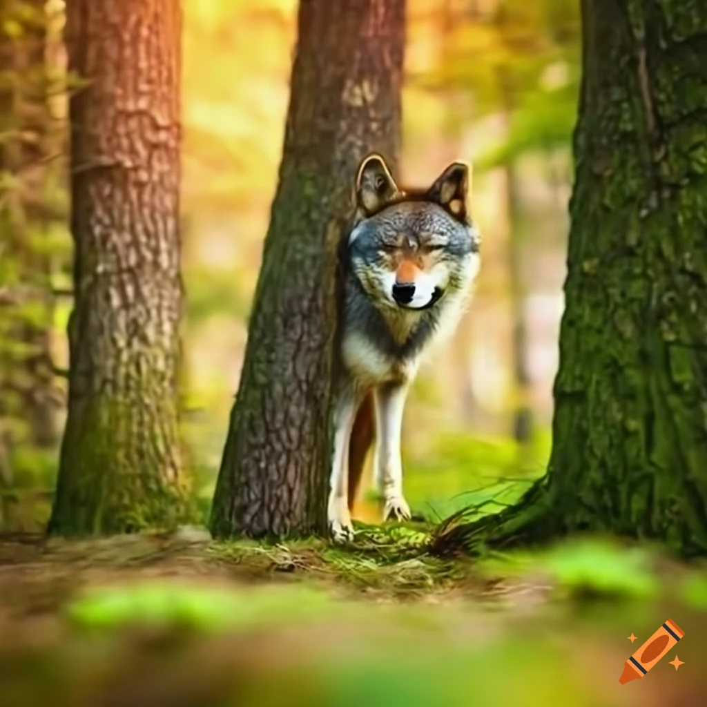 Wolf hiding behind tree in lush forest on Craiyon
