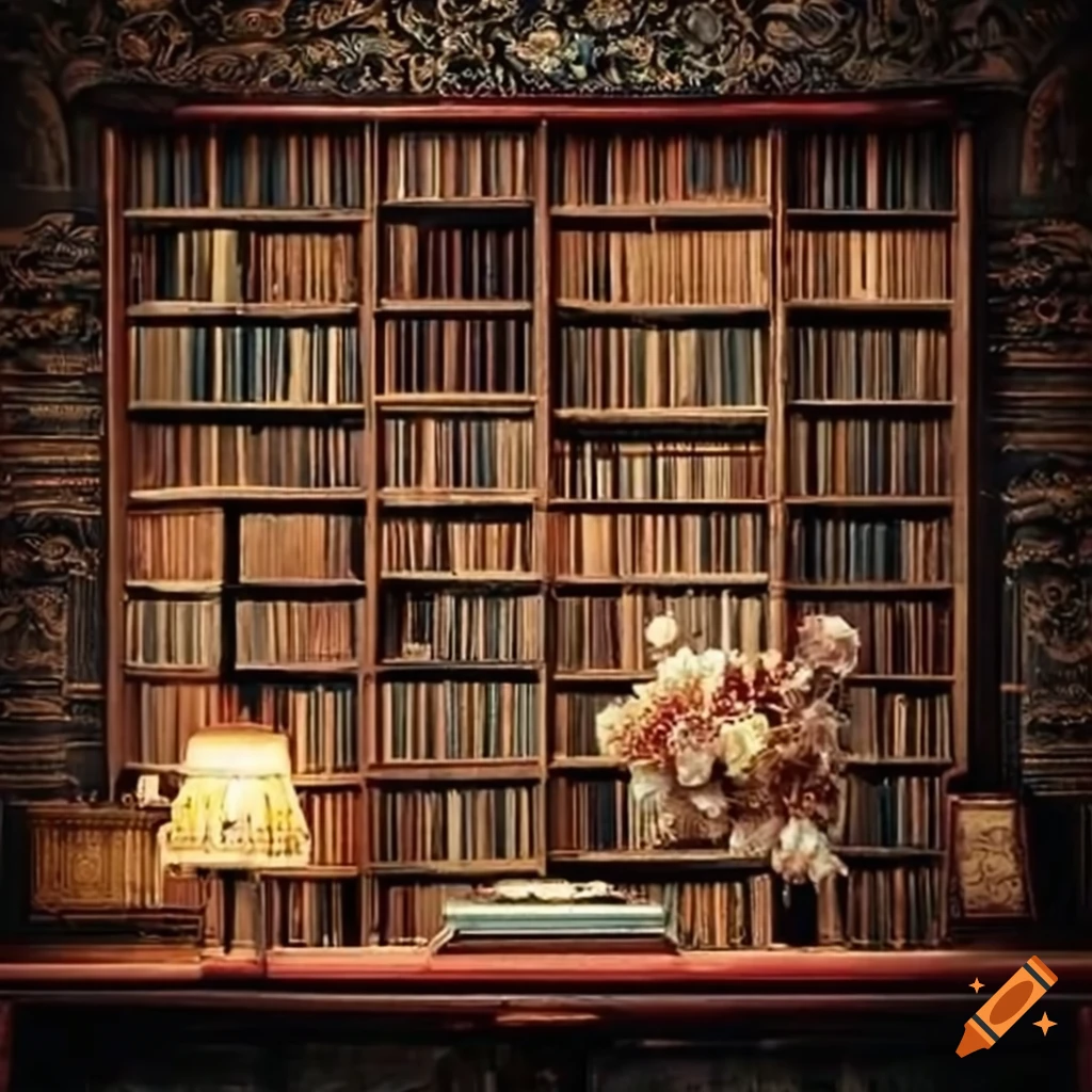 Intricate bookshelf filled with vintage books and luxurious flowers on ...