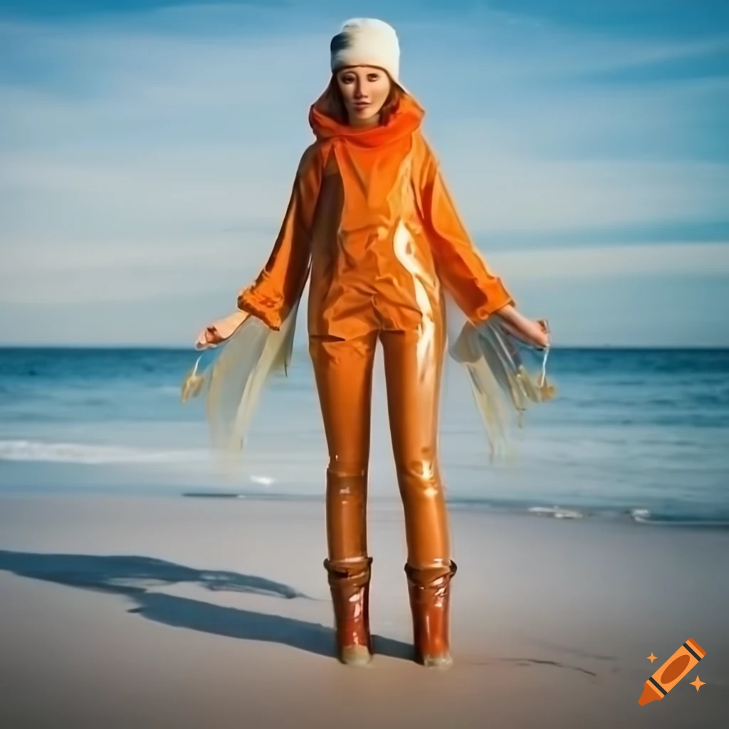 Woman with large wings on a beach wearing PVC dungarees and woolly ...