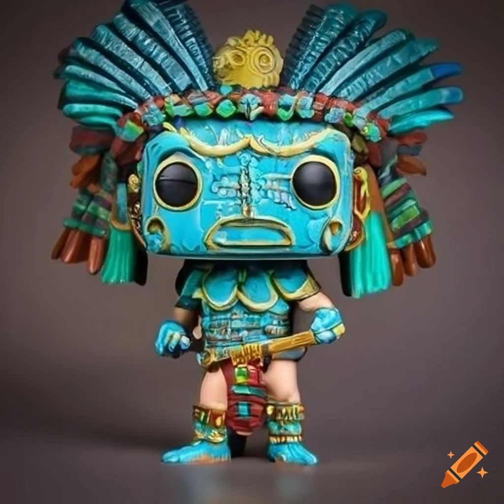 Aztec warrior funkopop figure with blue skin and green penacho on Craiyon