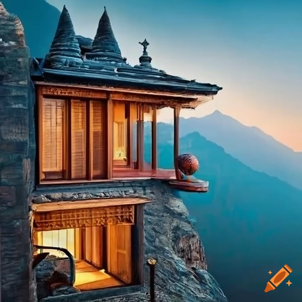 House in the mountains with intricate north indian architectural details on Craiyon
