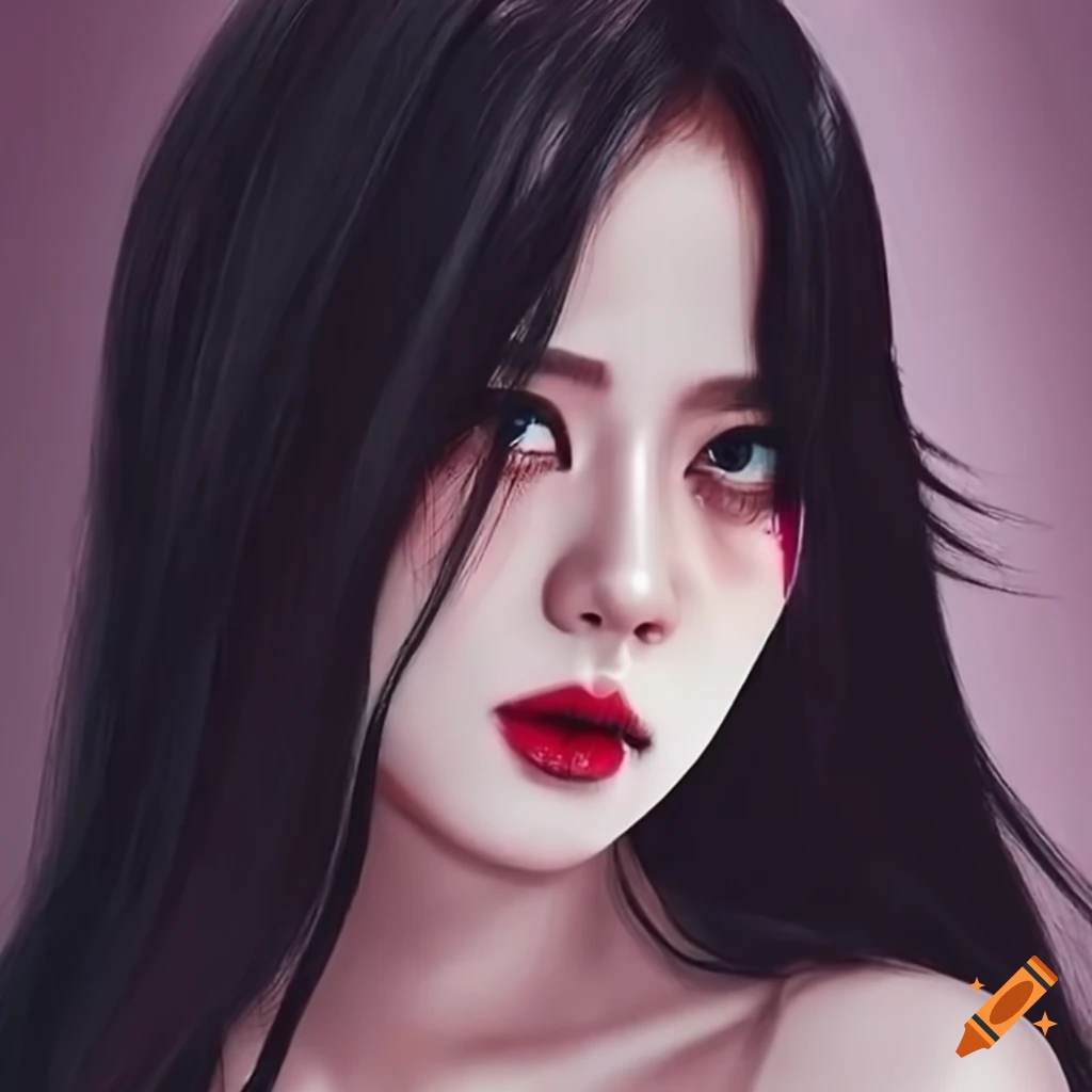 Blackpink jisoo with long dark hair and bold makeup on Craiyon