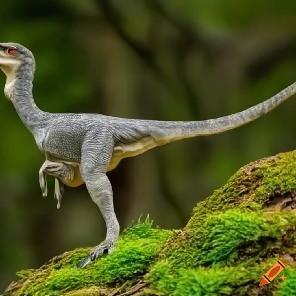 Pocket-sized velociraptor with green-grey feathering perched on a mossy ...