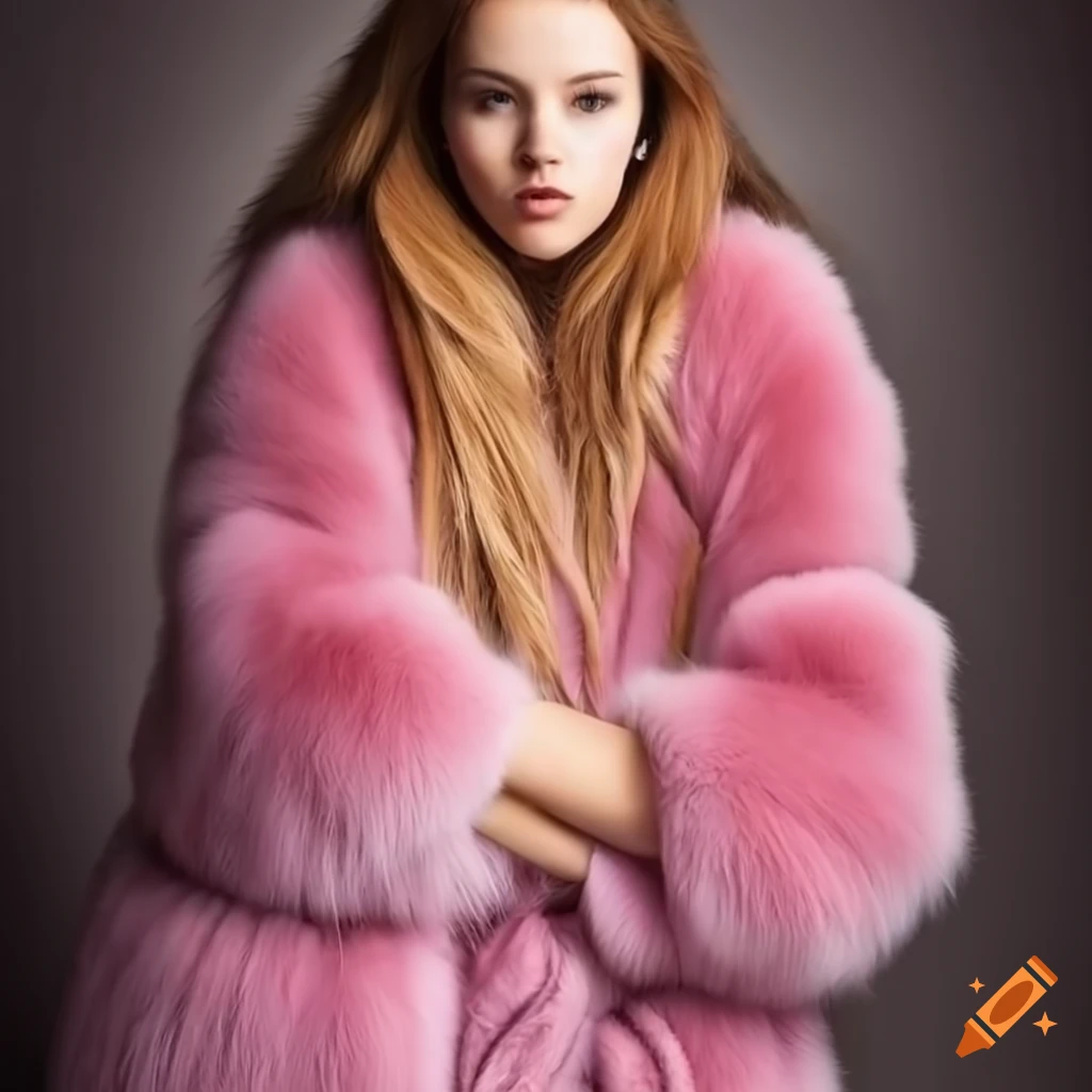 Young woman wearing a fluffy fur dressing gown on Craiyon