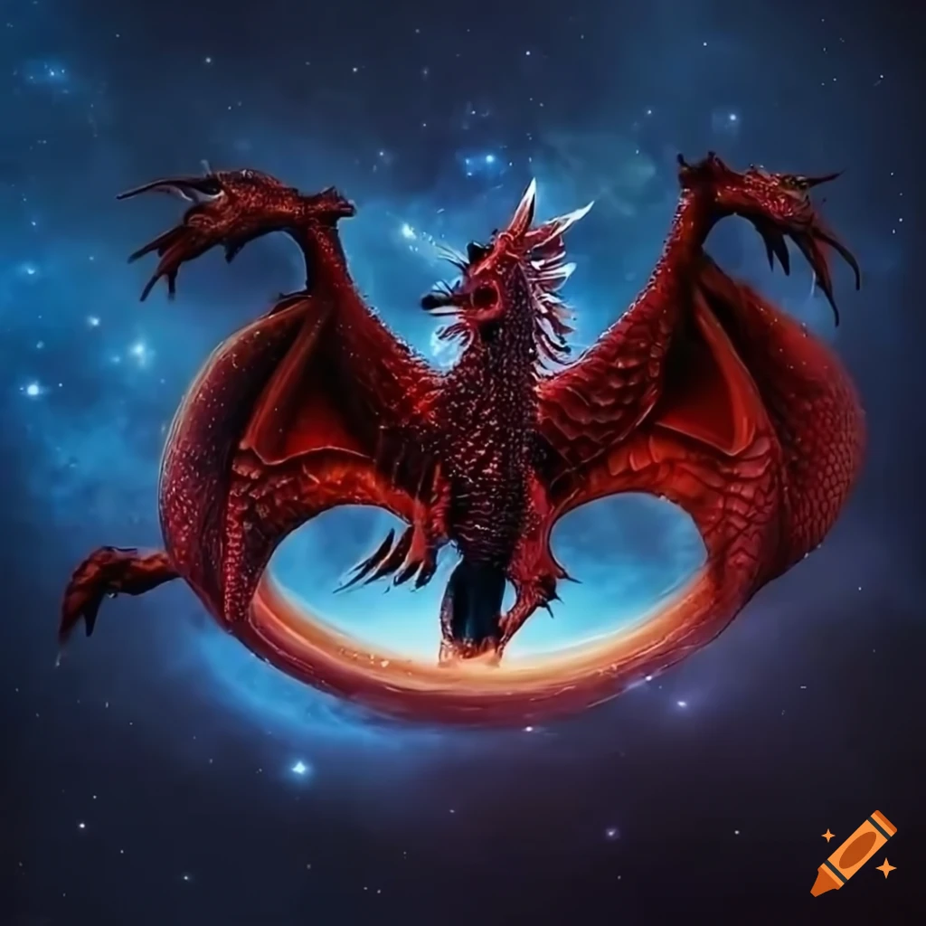 Red dragon in outer space surrounded by fire and a black hole on Craiyon