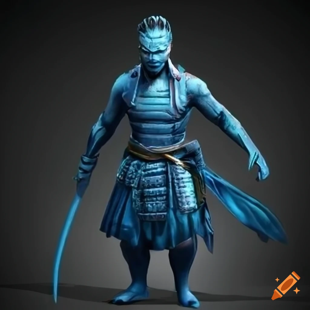 Male undine samurai with blue skin in stoic pose on Craiyon