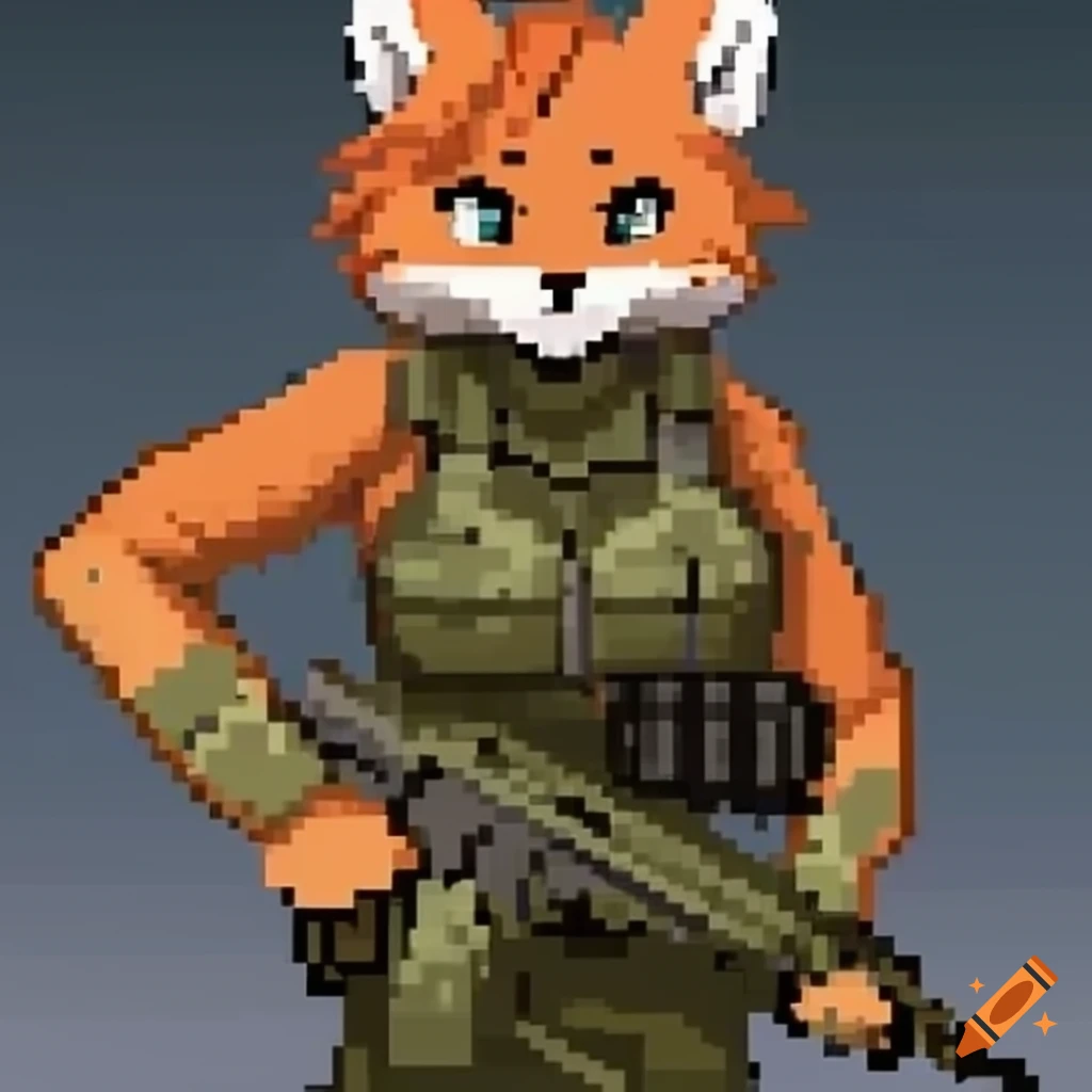 Anthropomorphic female red fox in army gear in pixel art style on Craiyon