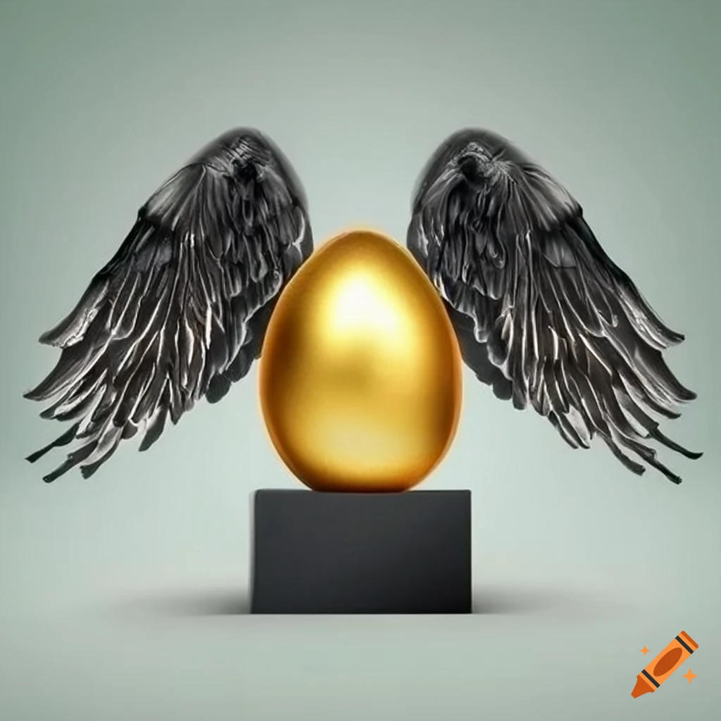 Realistic golden egg trophy award with wings on black base on Craiyon