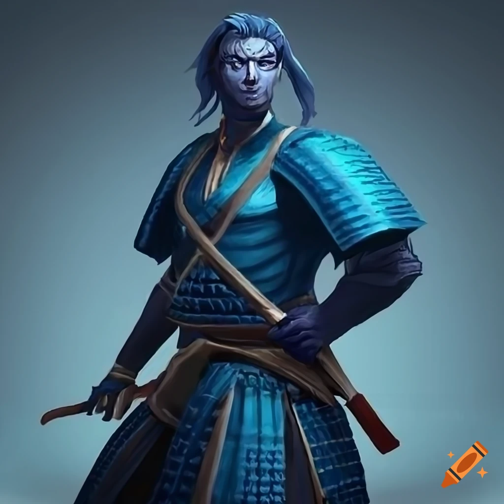 Male undine samurai with blue skin in stoic pose on Craiyon