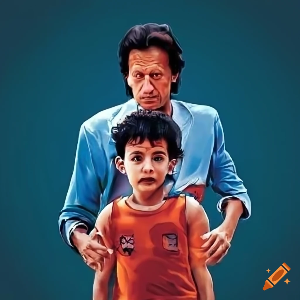 Imran Khan with a boy in a Pakistani stadium crowd with 'Saim' written on the boy's back on Craiyon