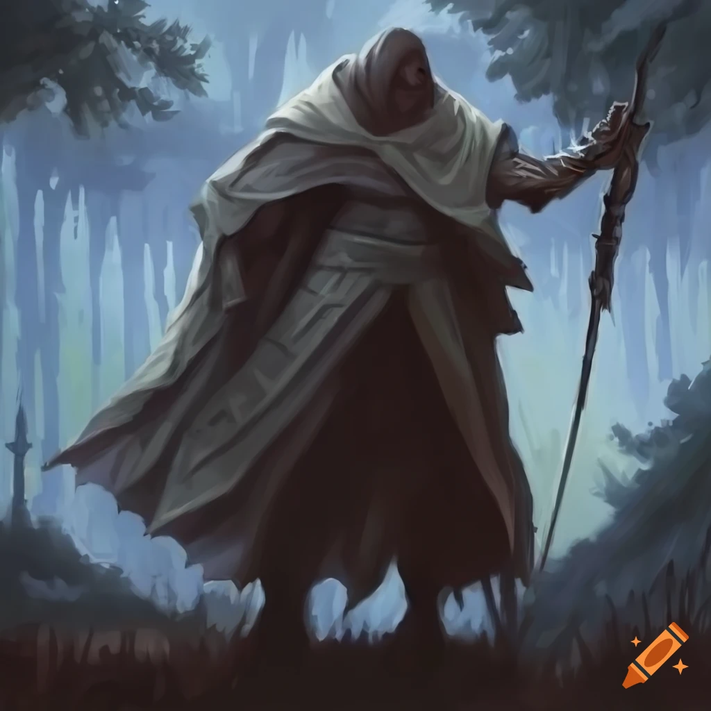 Settler walking in a village in mtg art style wearing a grey robe on ...