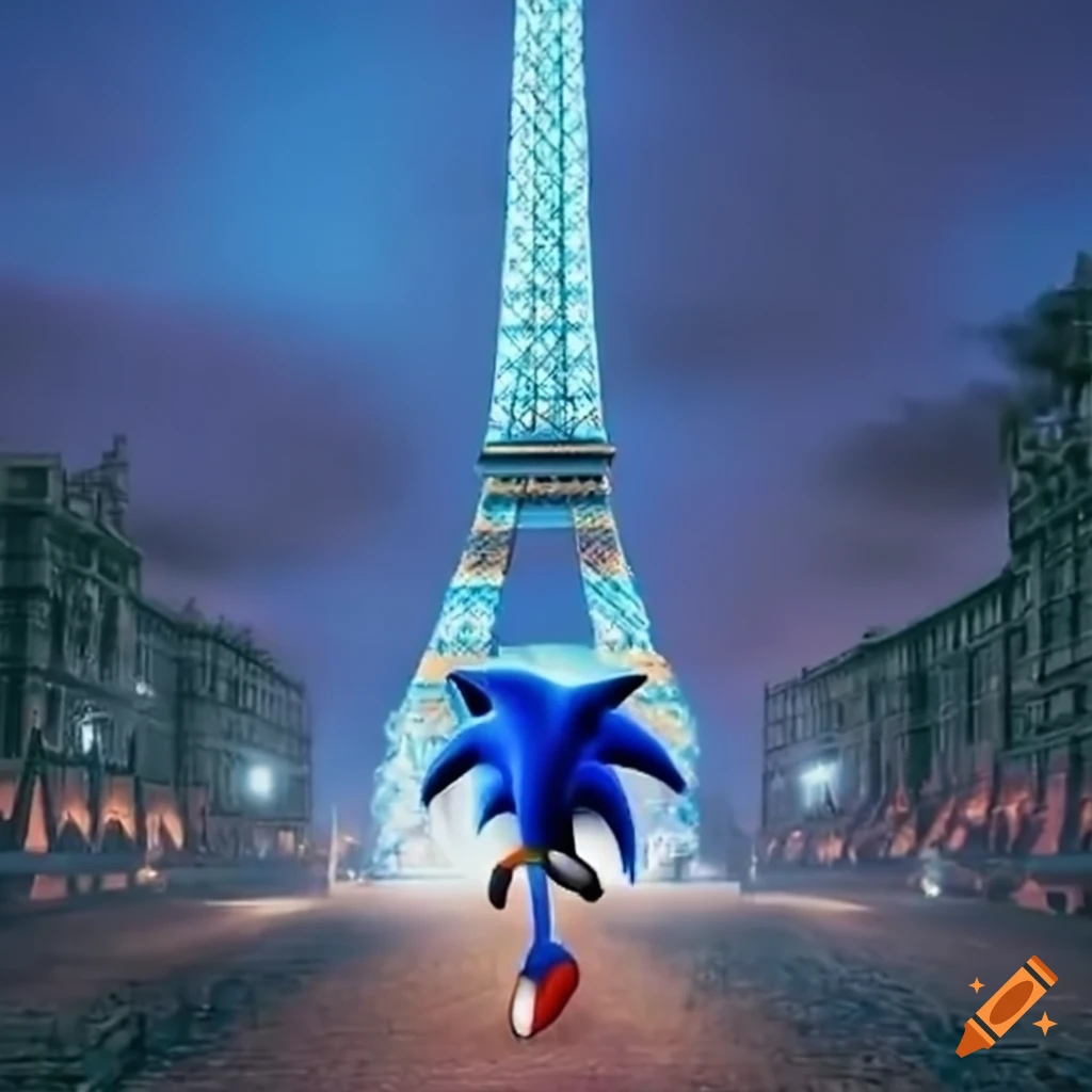Sonic the hedgehog running past the eiffel tower on Craiyon
