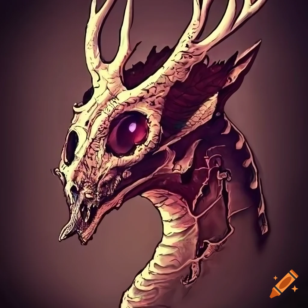 Stencil of an alien-deer-dragon hybrid skull in one color on Craiyon