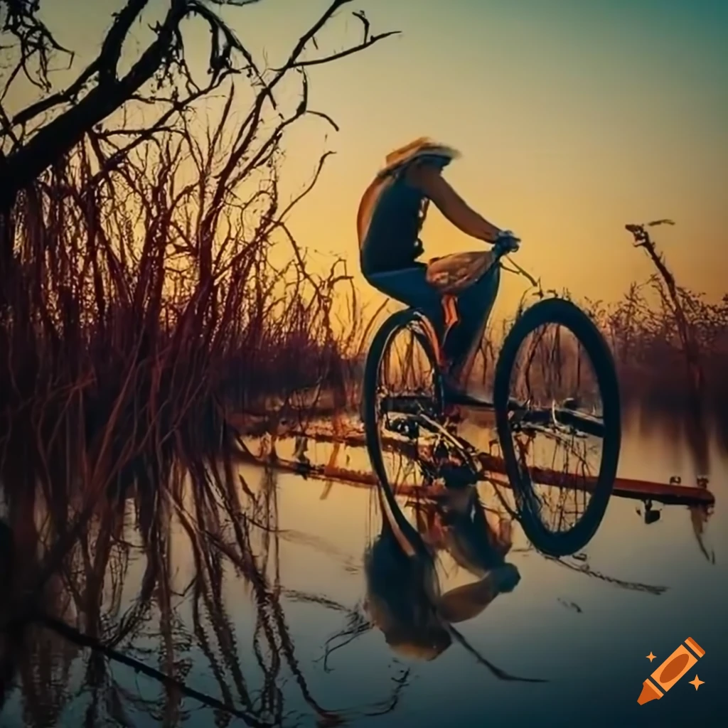 Bike packer cycling on a narrow ledge over the po river delta on Craiyon