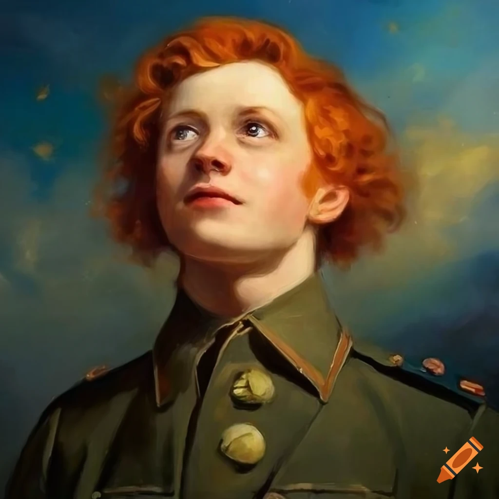 Smiling red-haired young man in military pilot jacket gazing at night ...