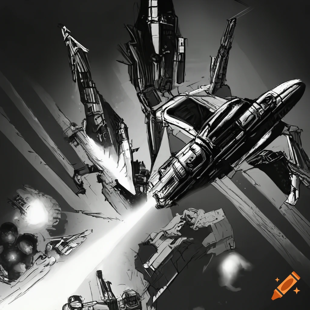 80s science fiction anime style monochrome space battle with futuristic ...
