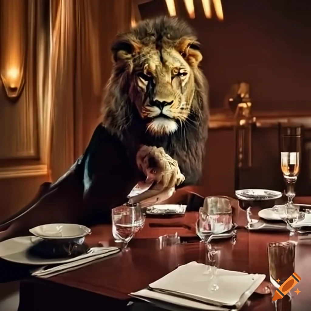 Lion dining at a restaurant in banker attire on Craiyon