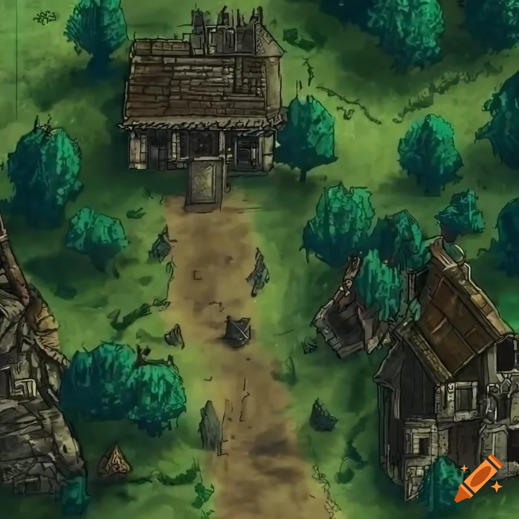 Top-down fantasy battle map of forest with ruined town for dungeons and dragons on Craiyon