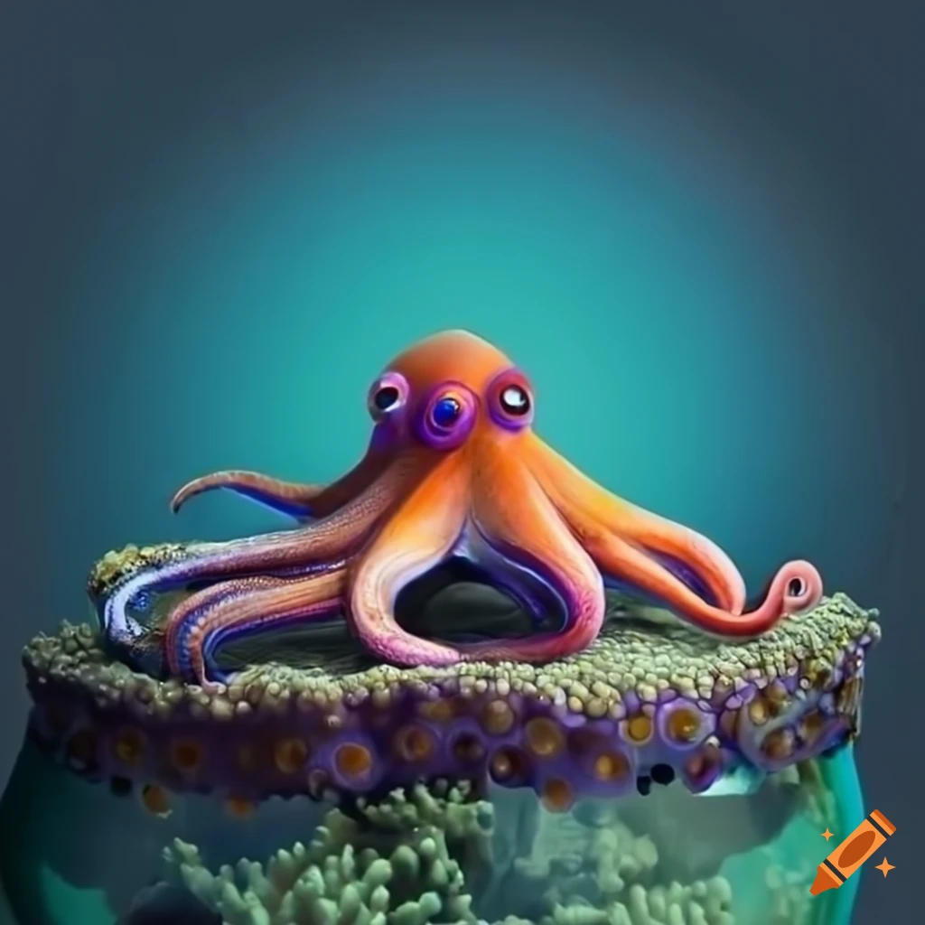 Colorful octopus sitting on a jar of corals on Craiyon