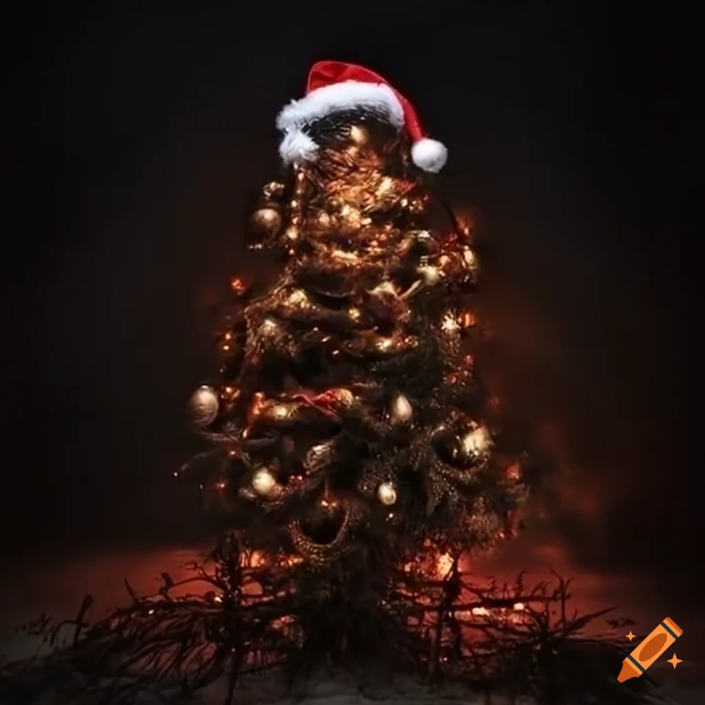 Spooky christmas tree with demonic face and santa's hat on Craiyon