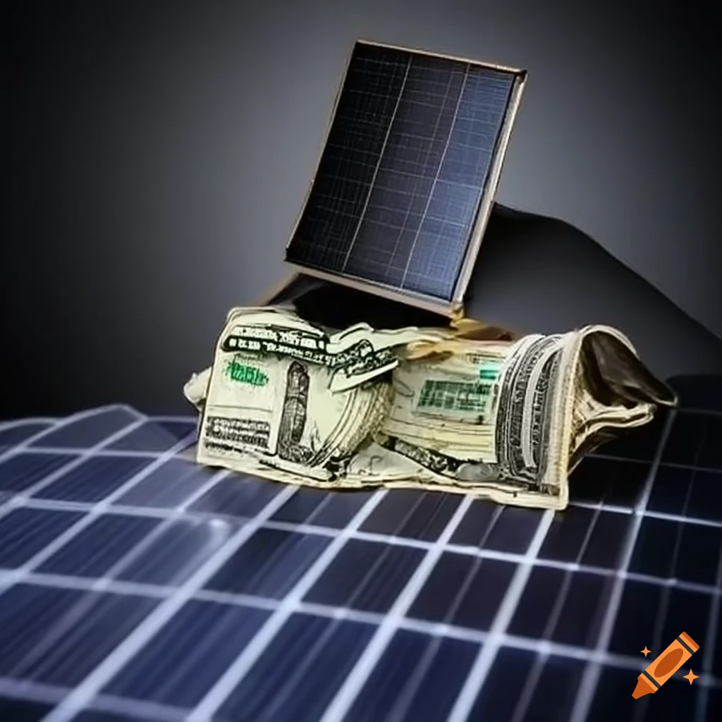 Conceptual image of money flowing out of a solar panel on Craiyon