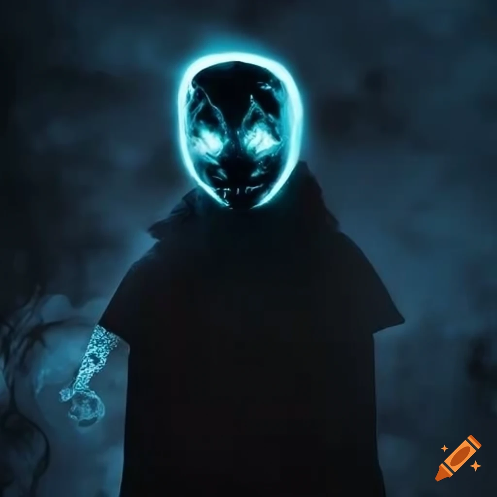 Mysterious otherworldly entity with glowing black mask in a dark stony ...