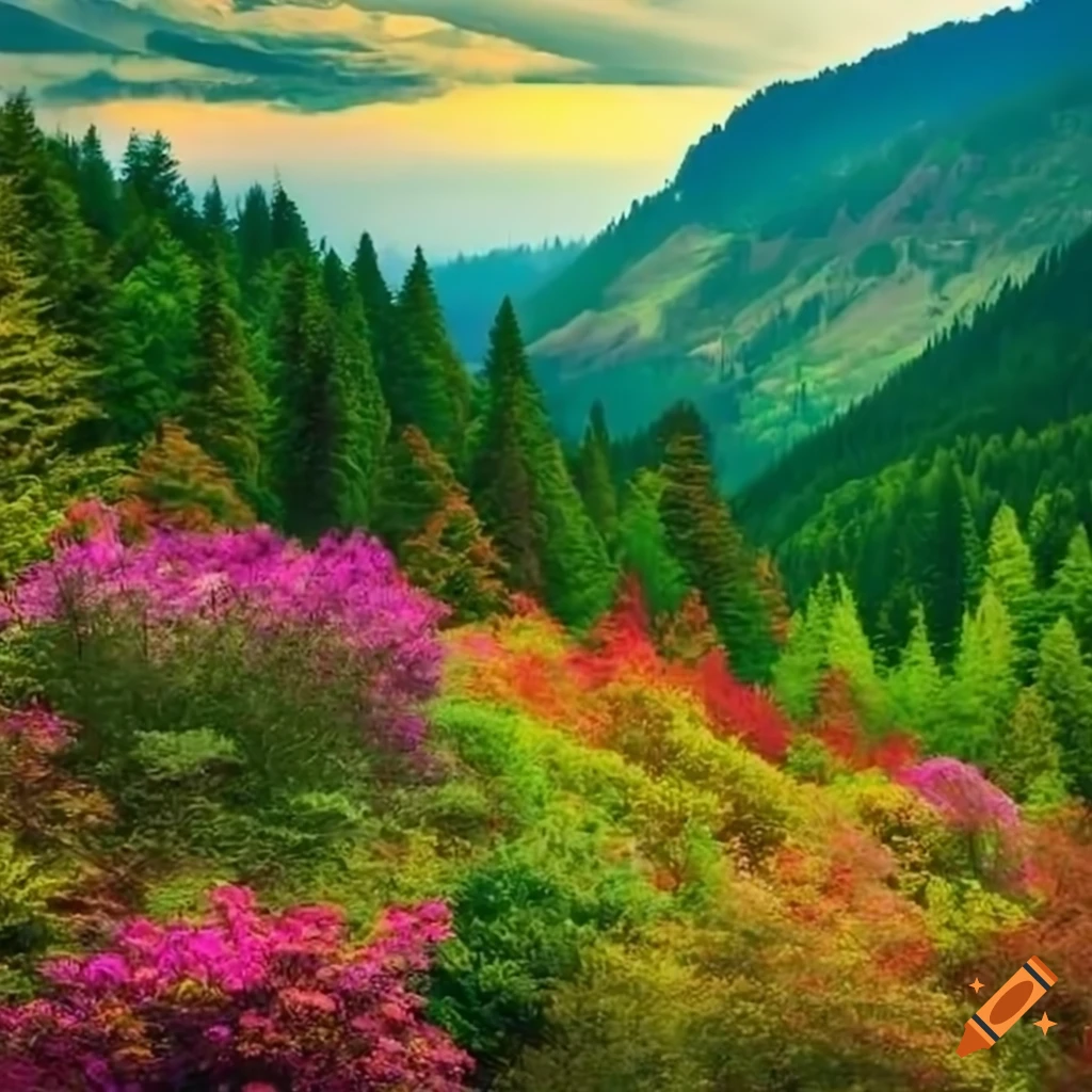 Scenic forest landscape with lush greenery, colorful flowers, and ...