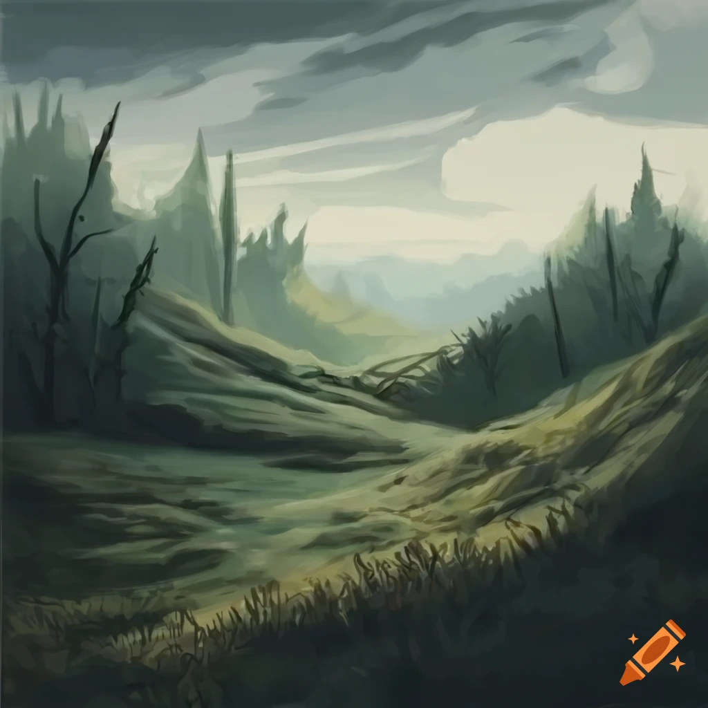 Barren landscape with grey rock field and dying shrubs in mtg art style ...