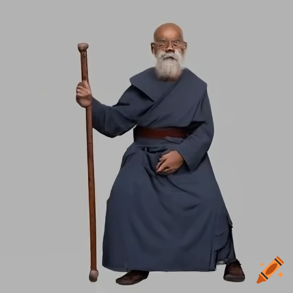 Elderly man in a long robe holding a wooden staff on Craiyon