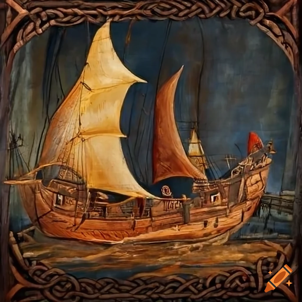 Medieval painting of celtic sailors on a wooden ship with large sails on Craiyon