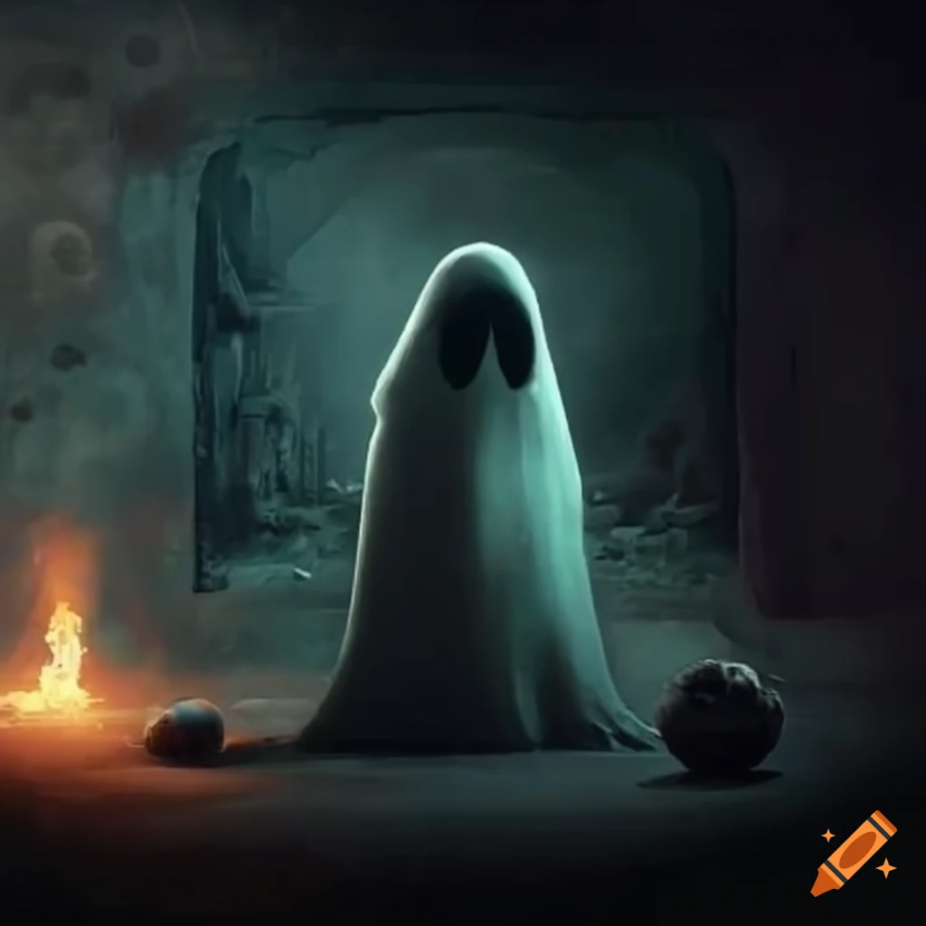 Ghosts in detailed dungeon hall with alien planet moon outside on Craiyon