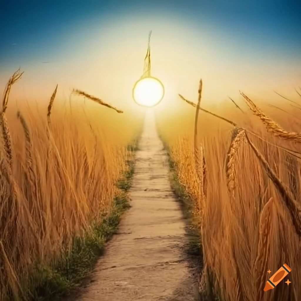 Path between ears of grain with a rising sun leading to a tree on Craiyon