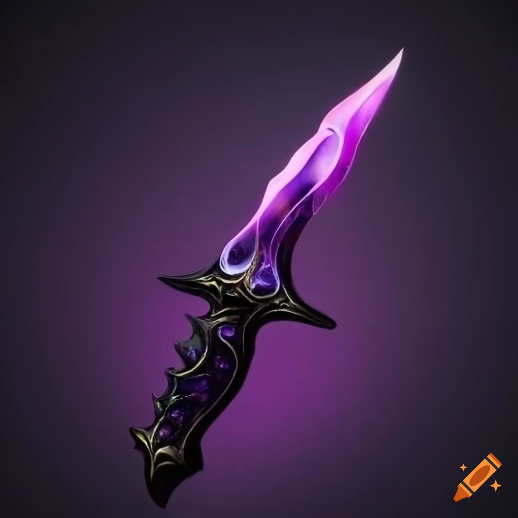 Purple glowing dagger with flames and black wing on Craiyon