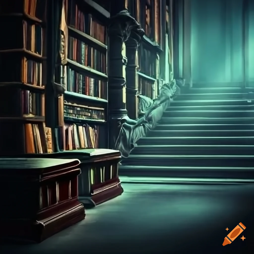 Books in a dark library with mist on Craiyon