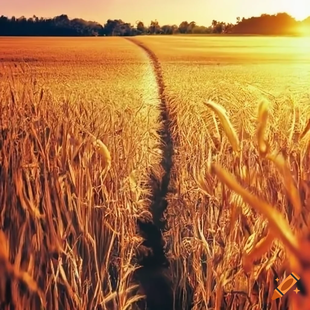 Path through grain fields towards a tree under the rising sun on Craiyon