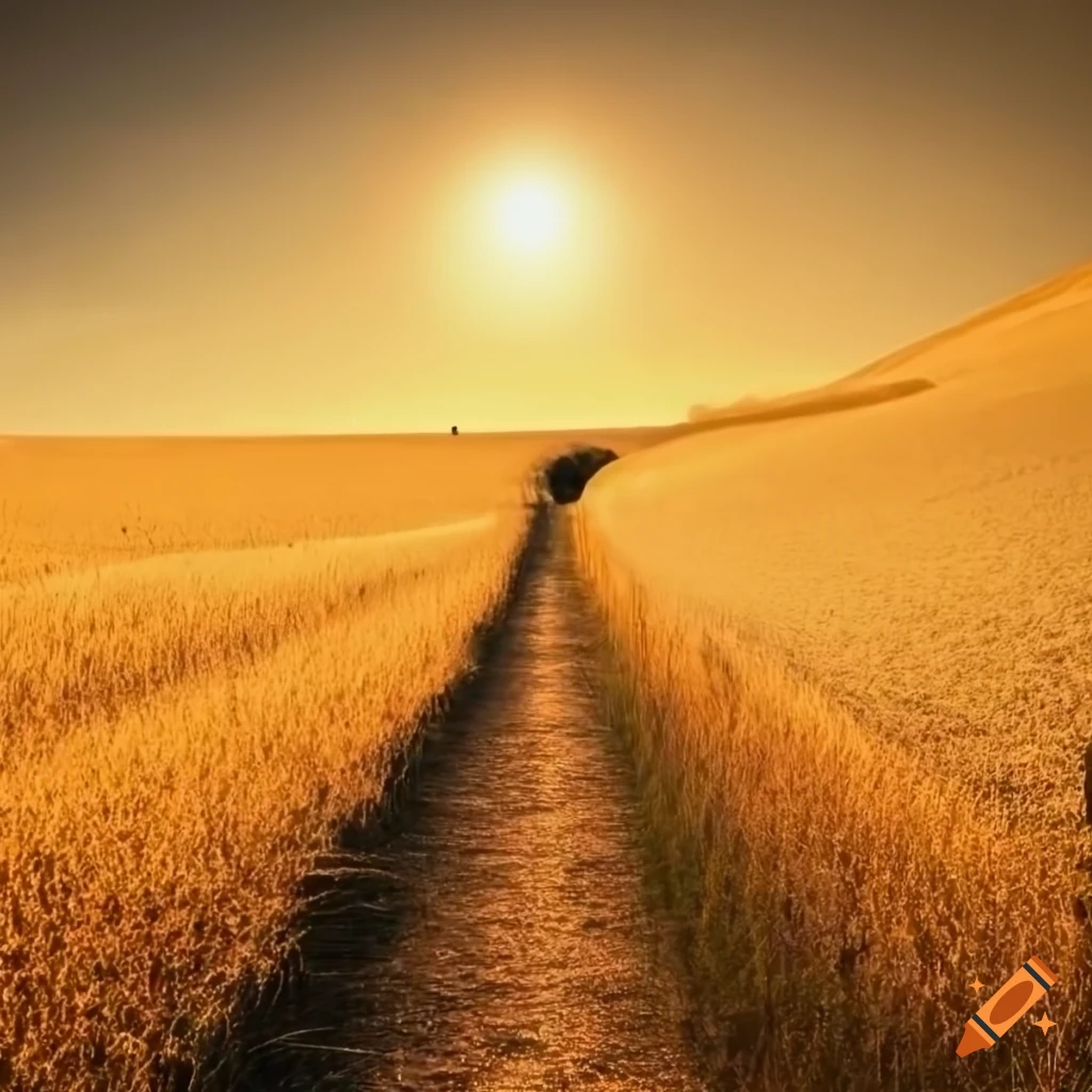 Path through grain fields towards a tree under the rising sun on Craiyon