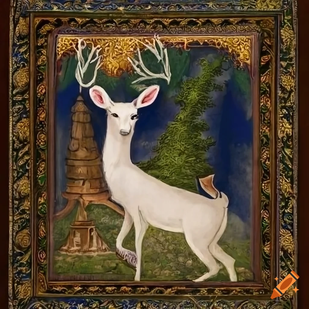White deer and tree in an illuminated manuscript on Craiyon