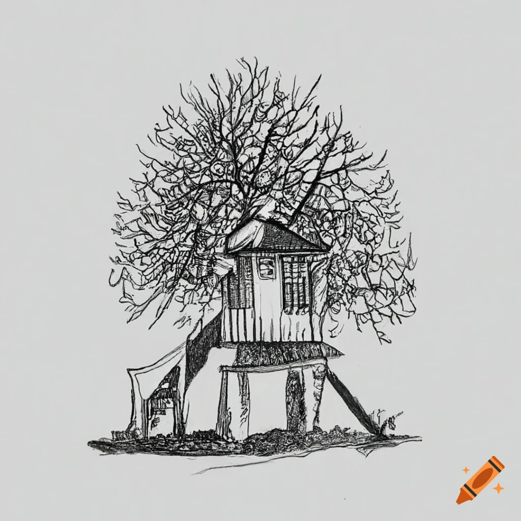 Minimalist pen drawing of a treehouse in winter rain on Craiyon