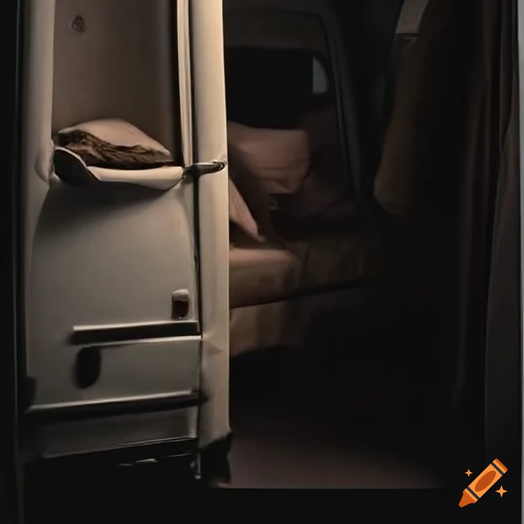 View from open back doors of a white van with a new mattress inside on ...