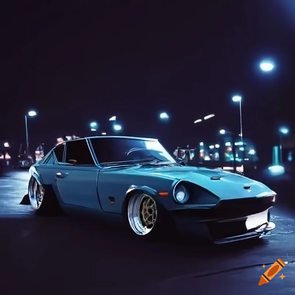 Lowered datsun 240z in a city at night on Craiyon