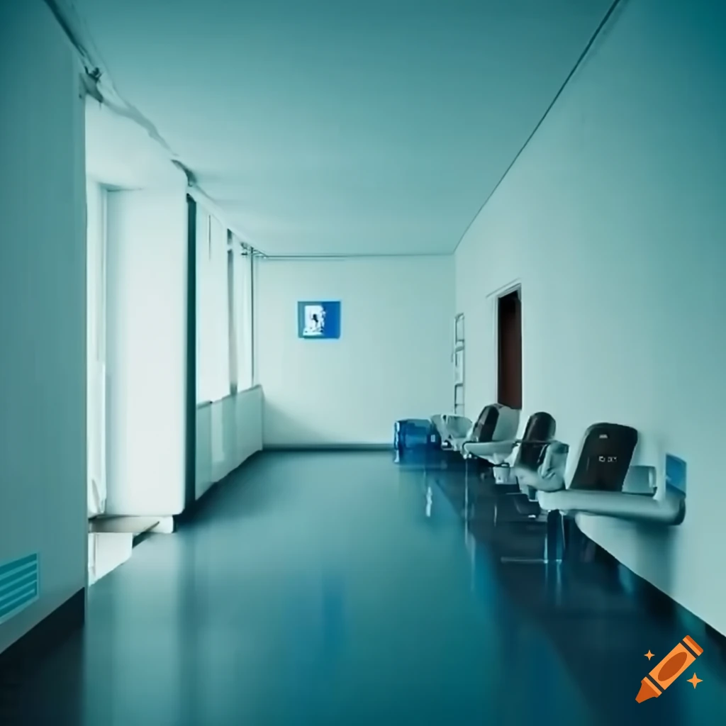 Slightly messy hospital waiting room lit by blue light on Craiyon