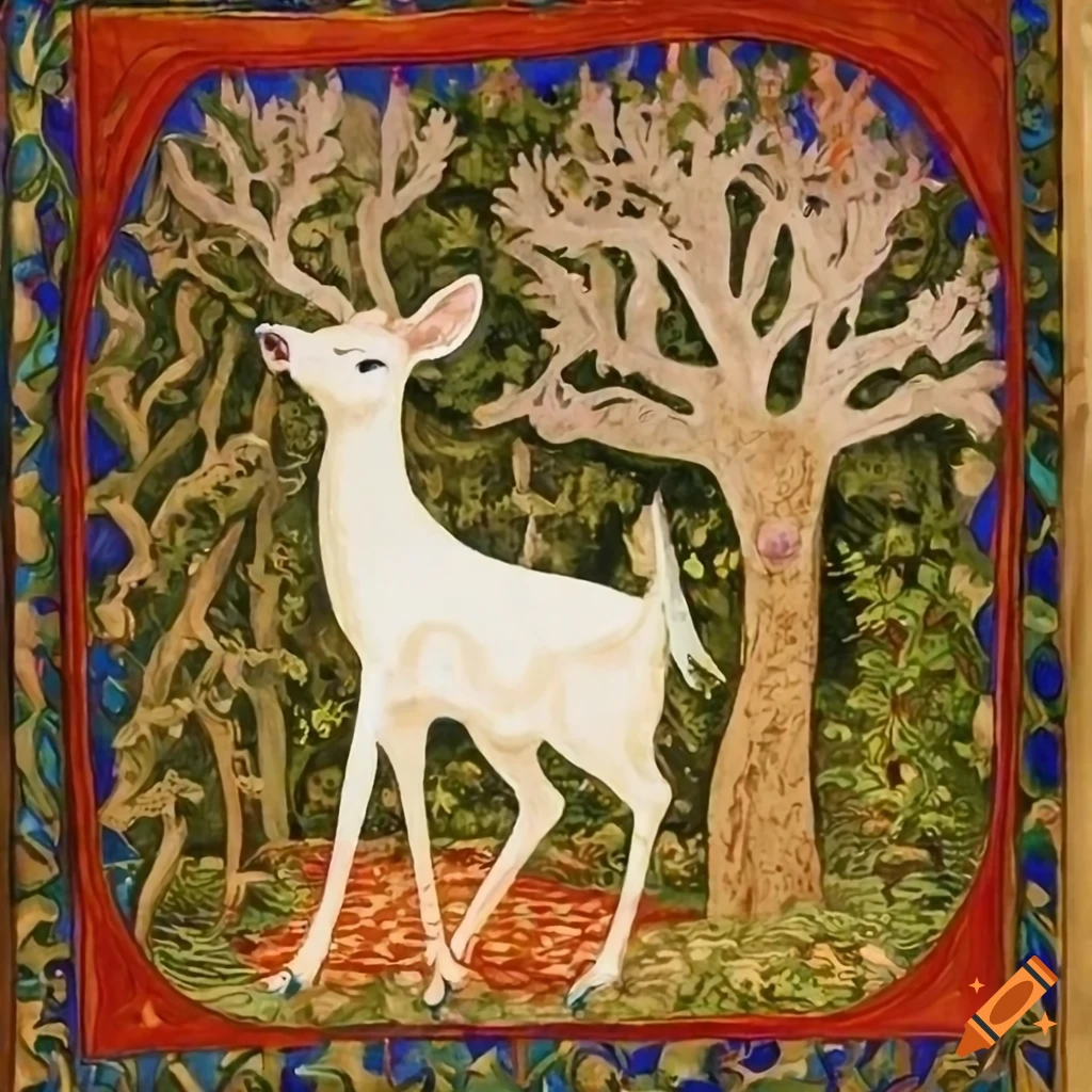 White deer and tree in an illuminated manuscript on Craiyon