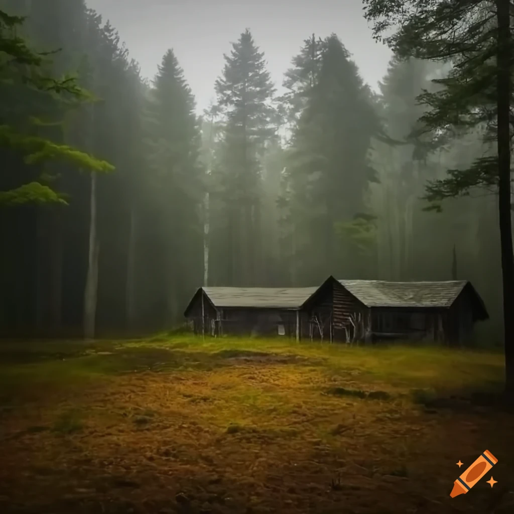 Misty forest with row of log cabins in the daytime on Craiyon