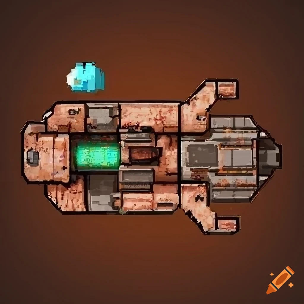 Top-down view of a detailed rusty spaceship in a game sprite style on ...