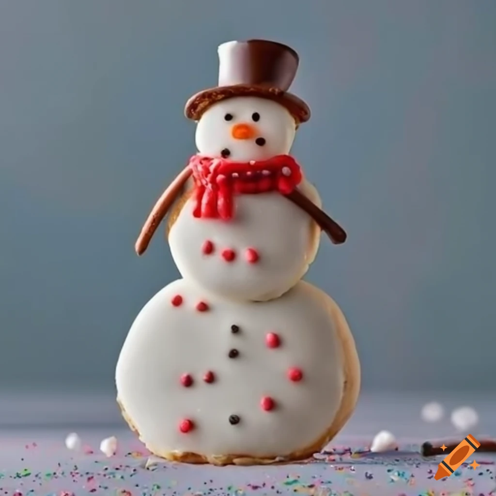 Snowman-shaped sugar cookie with frosting and sprinkles on Craiyon