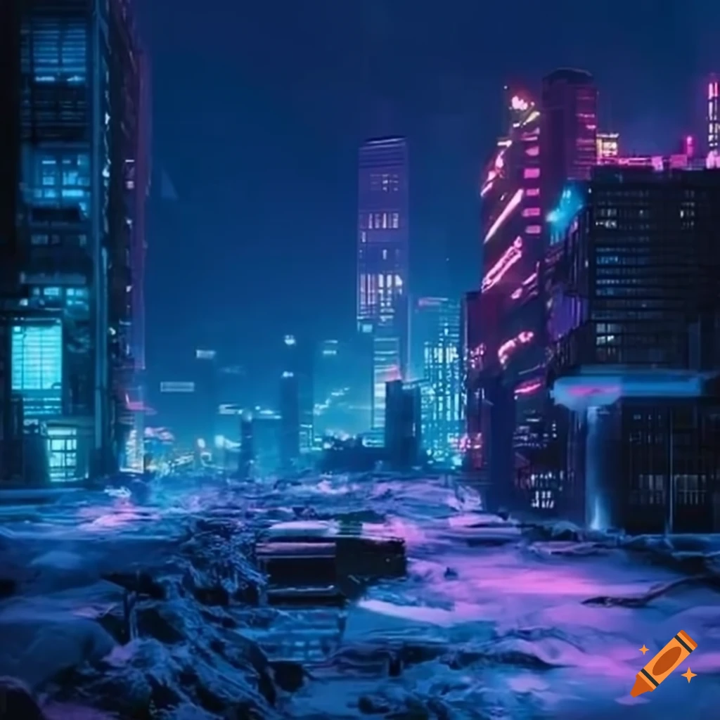 Snowy construction site with neon city in the distance at night on Craiyon