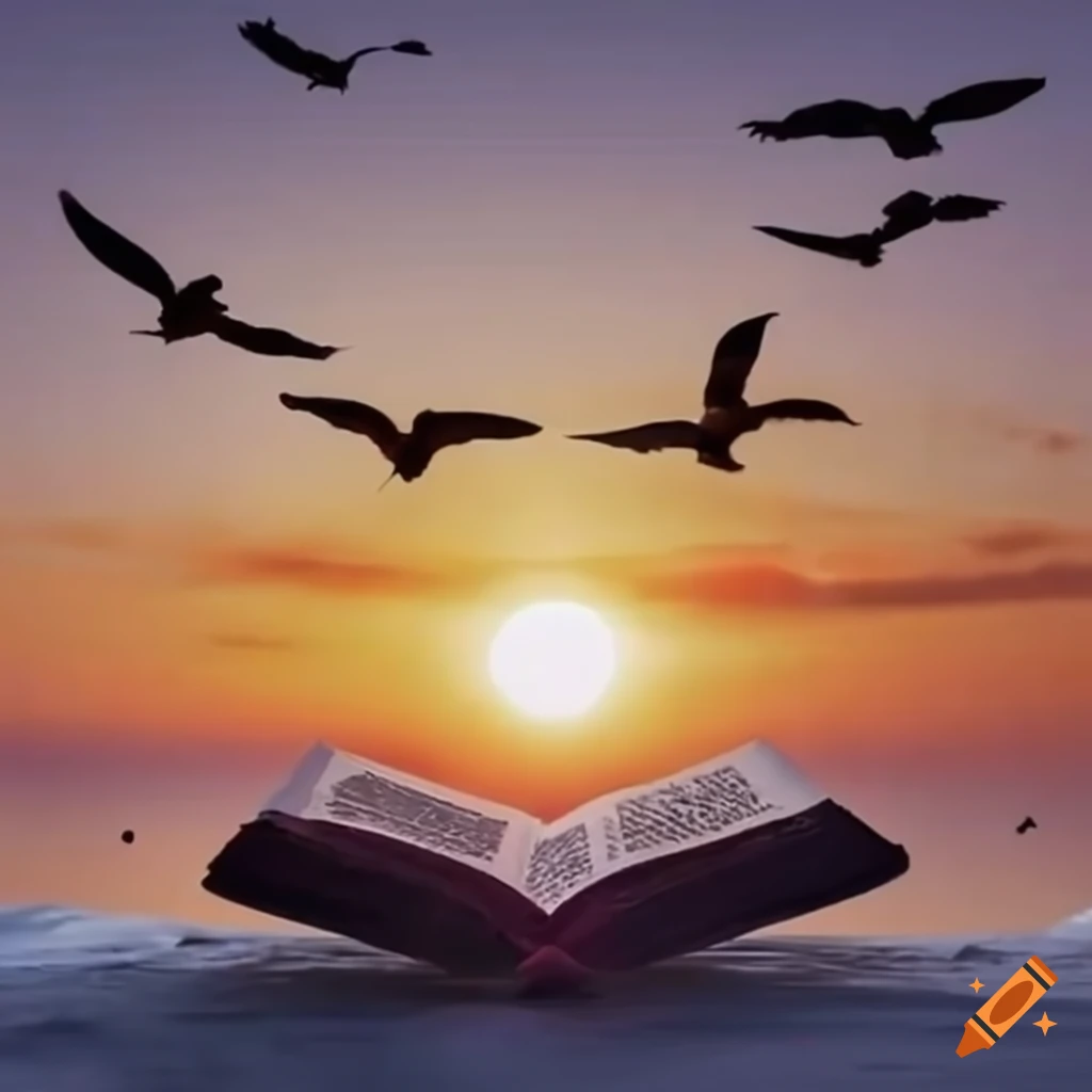 Open Holy Bible with a beautiful sunrise and birds flying in the sky on ...