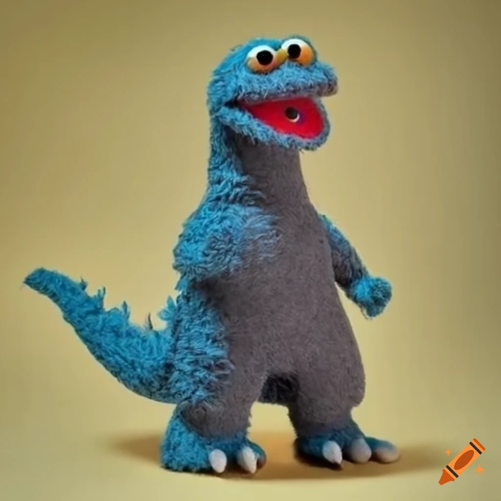 Godzilla portrayed as a sesame street felt muppet by jim henson on Craiyon
