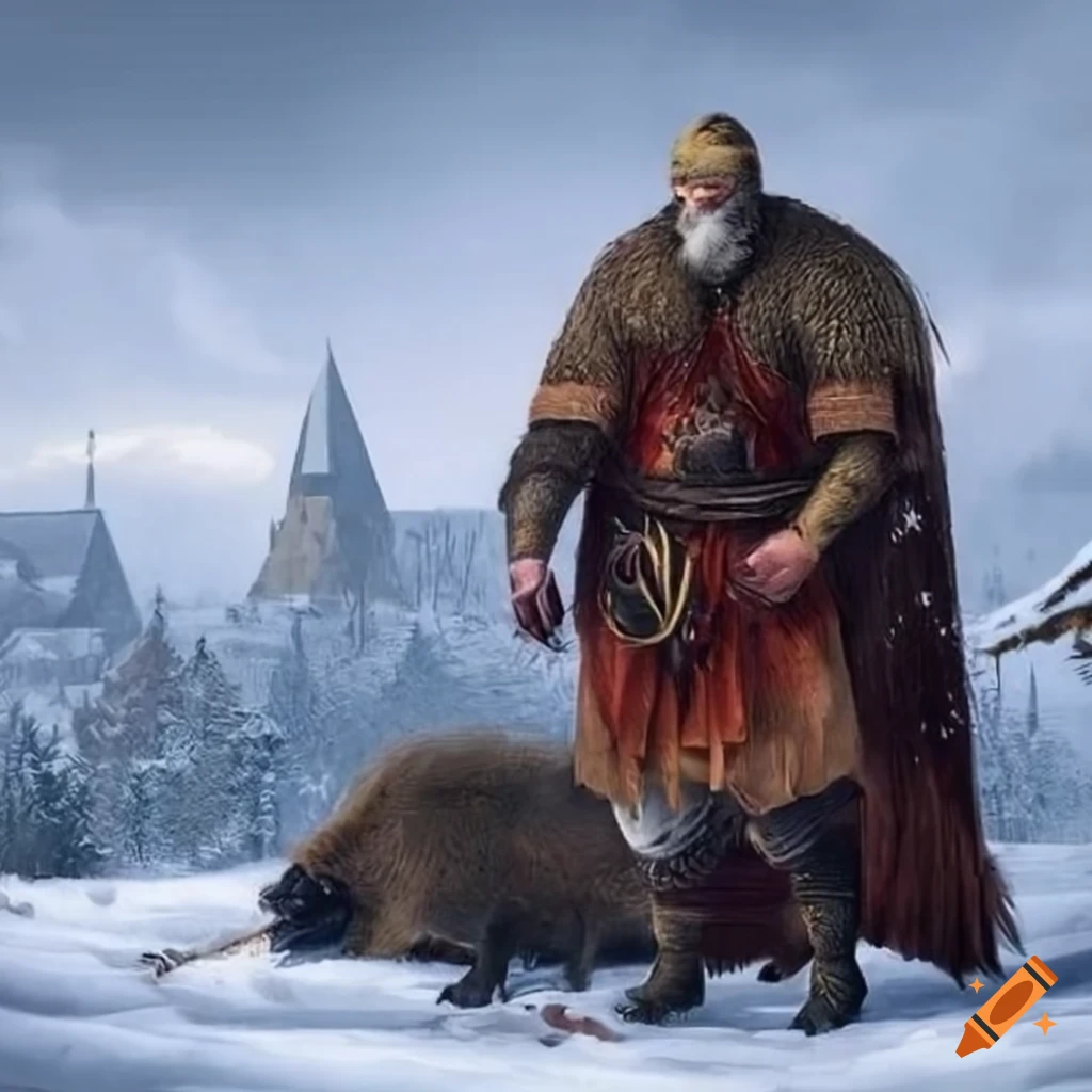 Wounded viking with a pet eagle next to a dead boar in a snowy ...